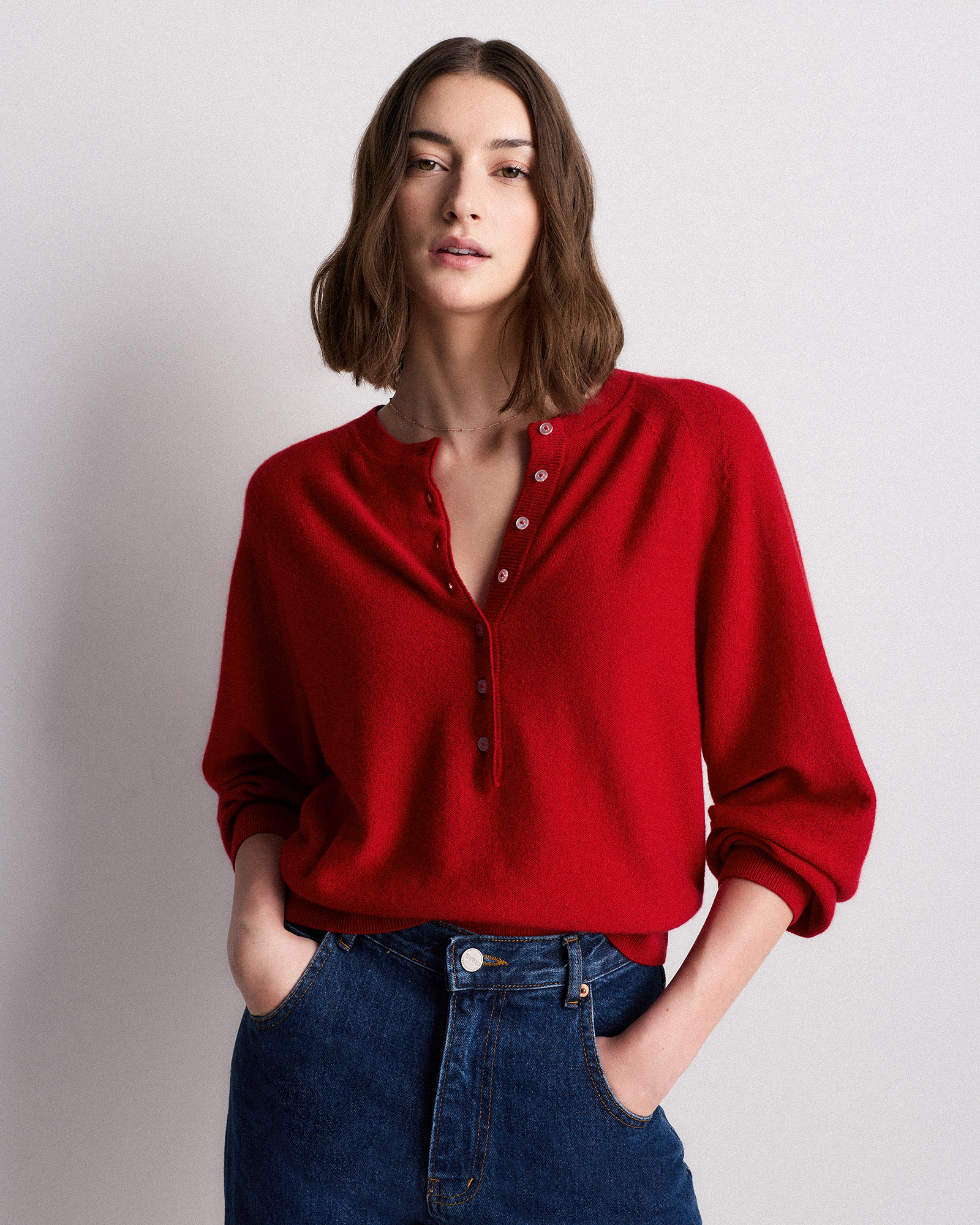 Mongolian Cashmere Dolman Sleeve Henley Sweater in Varsity Red