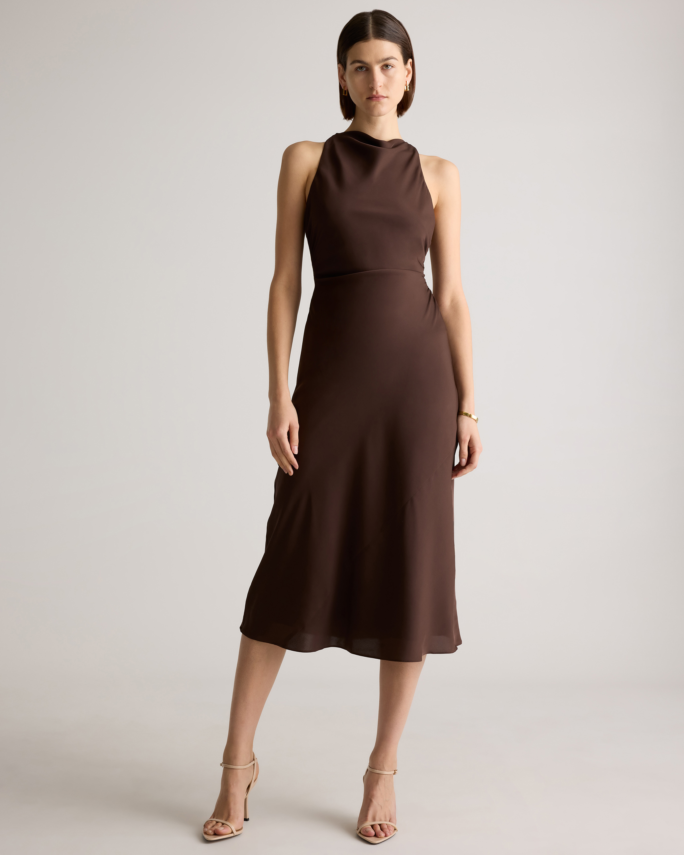Washable Stretch Silk High Neck Midi Dress