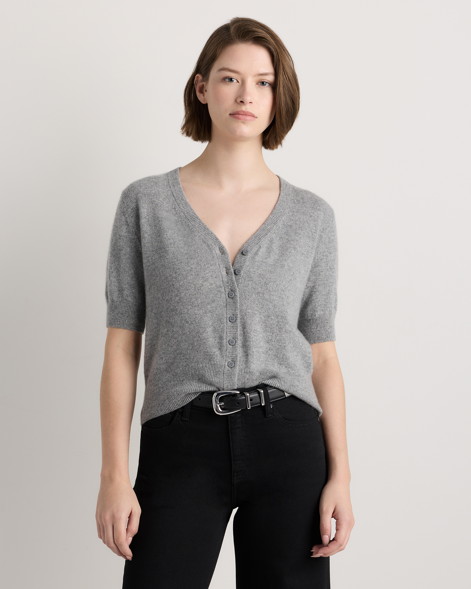 Mongolian Cashmere Short Sleeve Cardigan in Heather Grey
