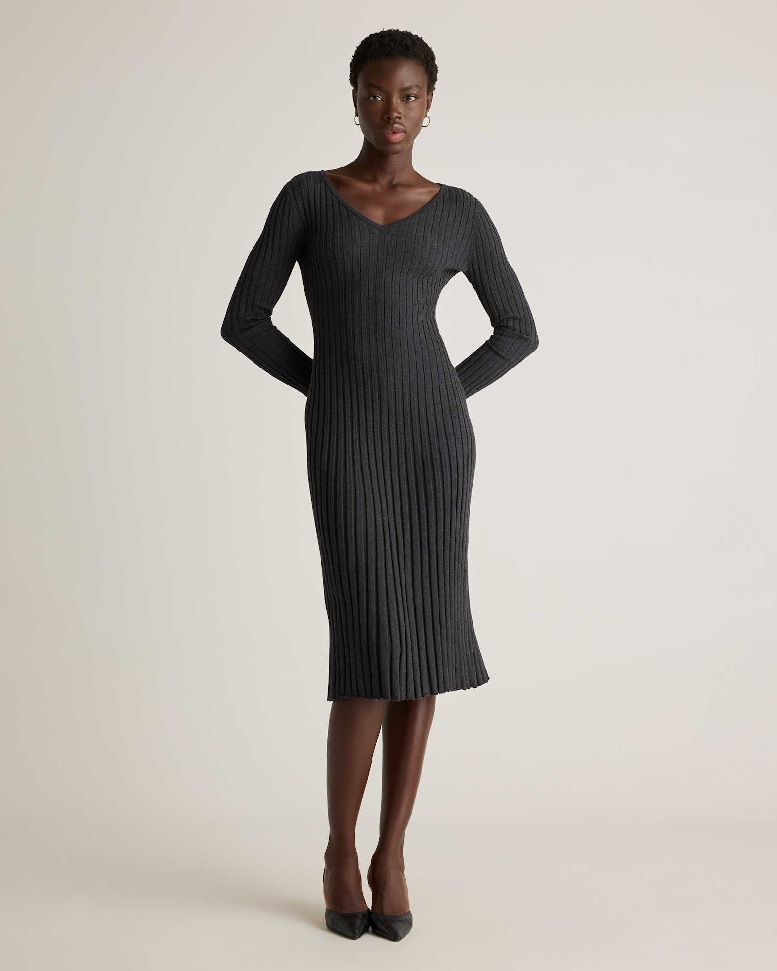 Cotton Cashmere Ribbed Long Sleeve V-Neck Midi Dress