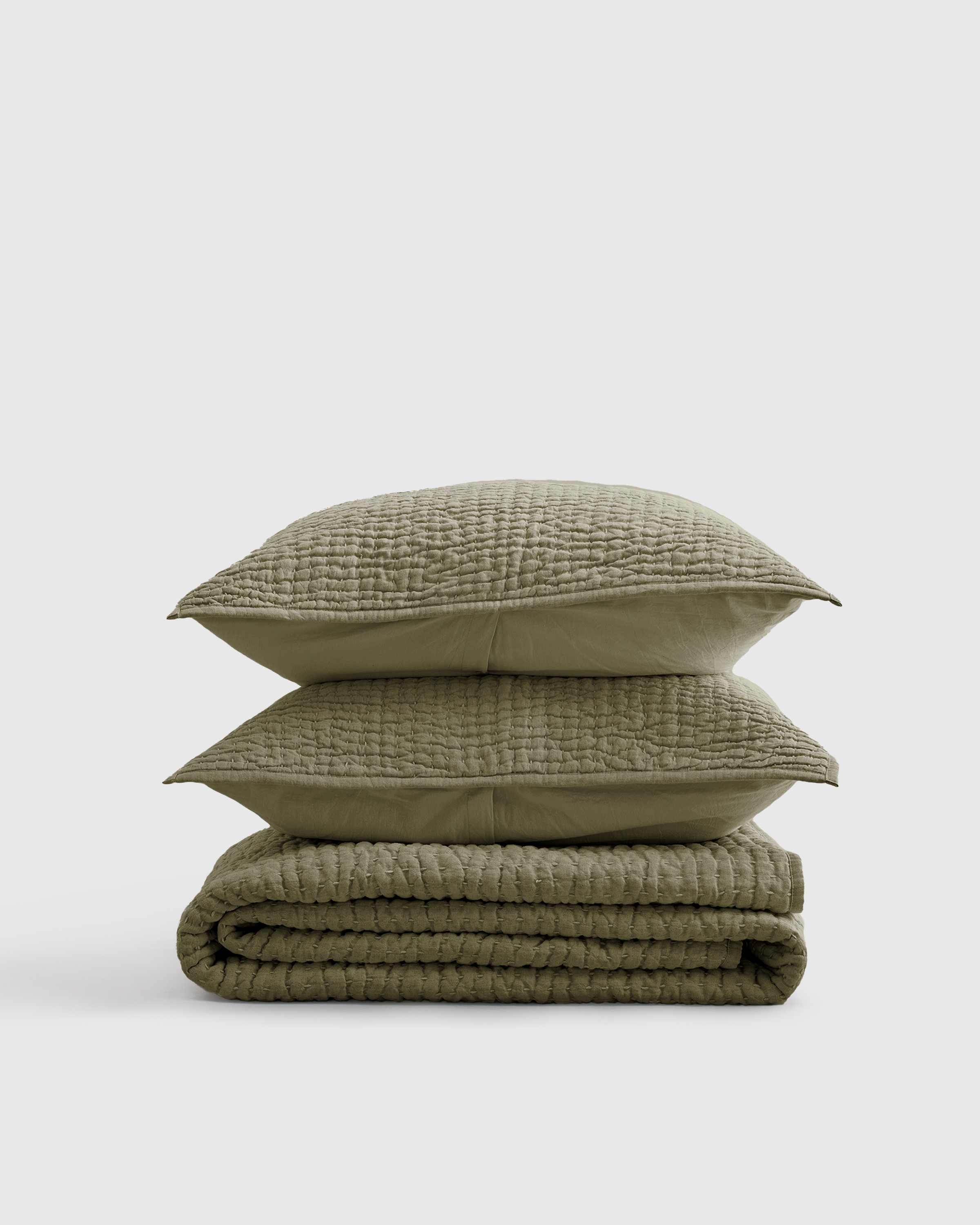 European Linen Cotton Stitch Quilt Set in Olive