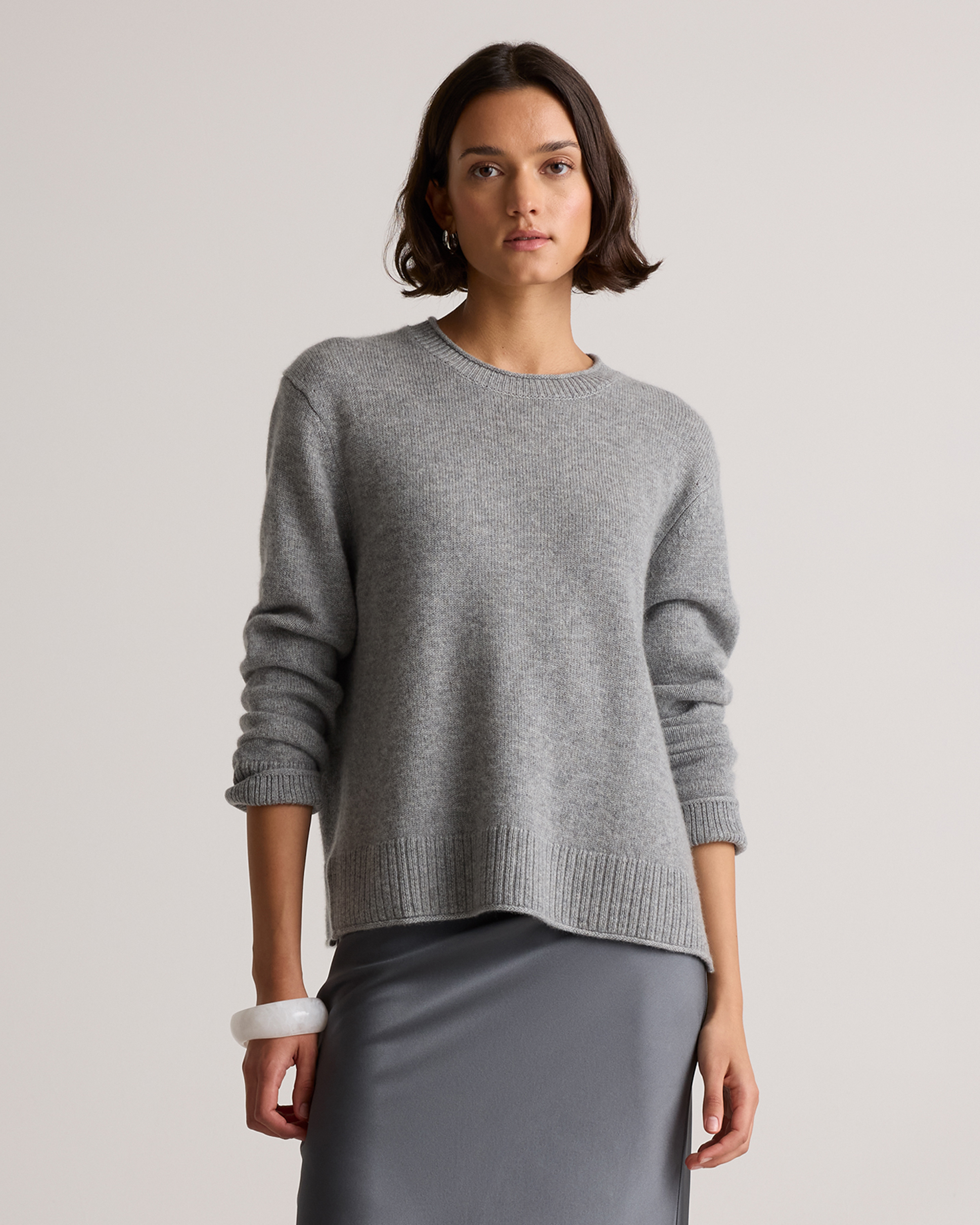 Mongolian Cashmere Boxy Crewneck Sweater in Heather Grey