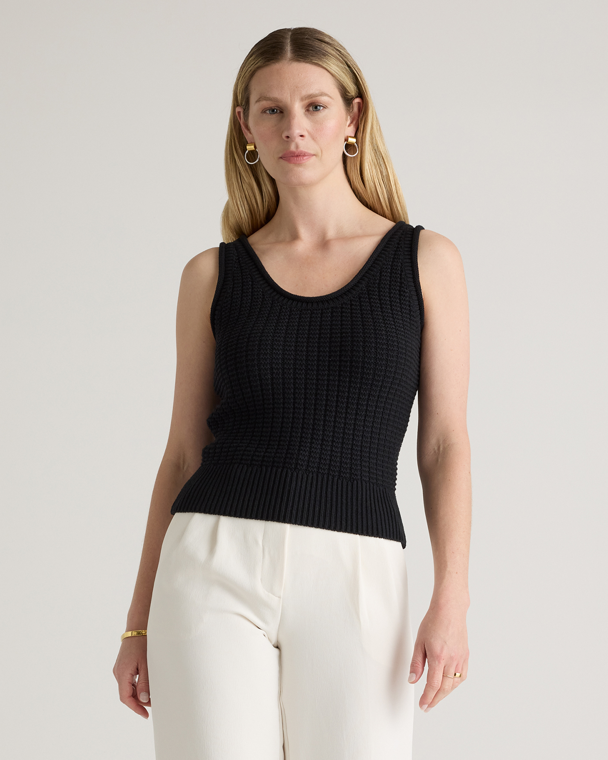100% Organic Cotton Waffle Cropped Sweater Tank in Black
