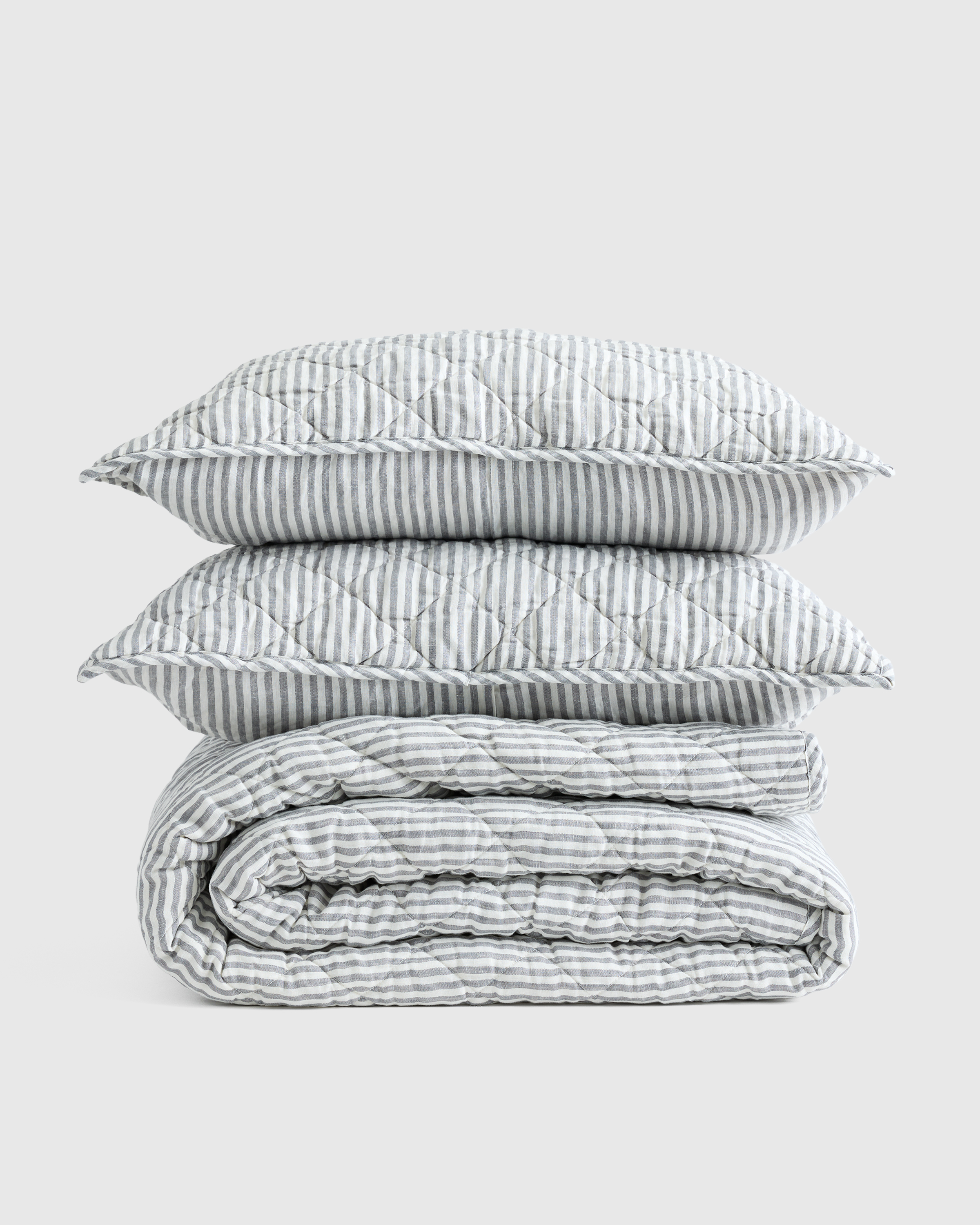 European Linen Striped Quilt Set in Grey/White Stripe