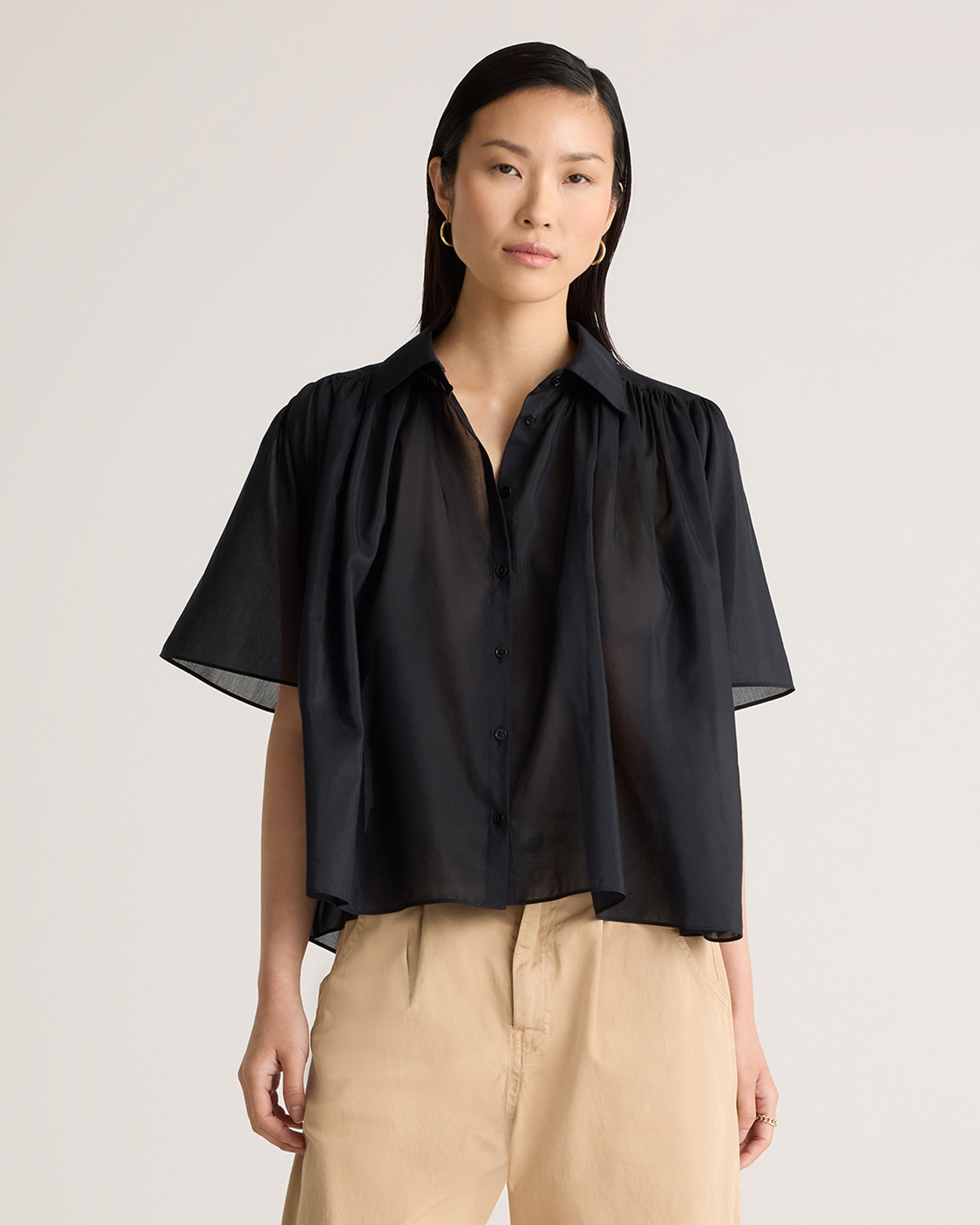 Cotton-Silk Voile Short Sleeve Blouse in Black