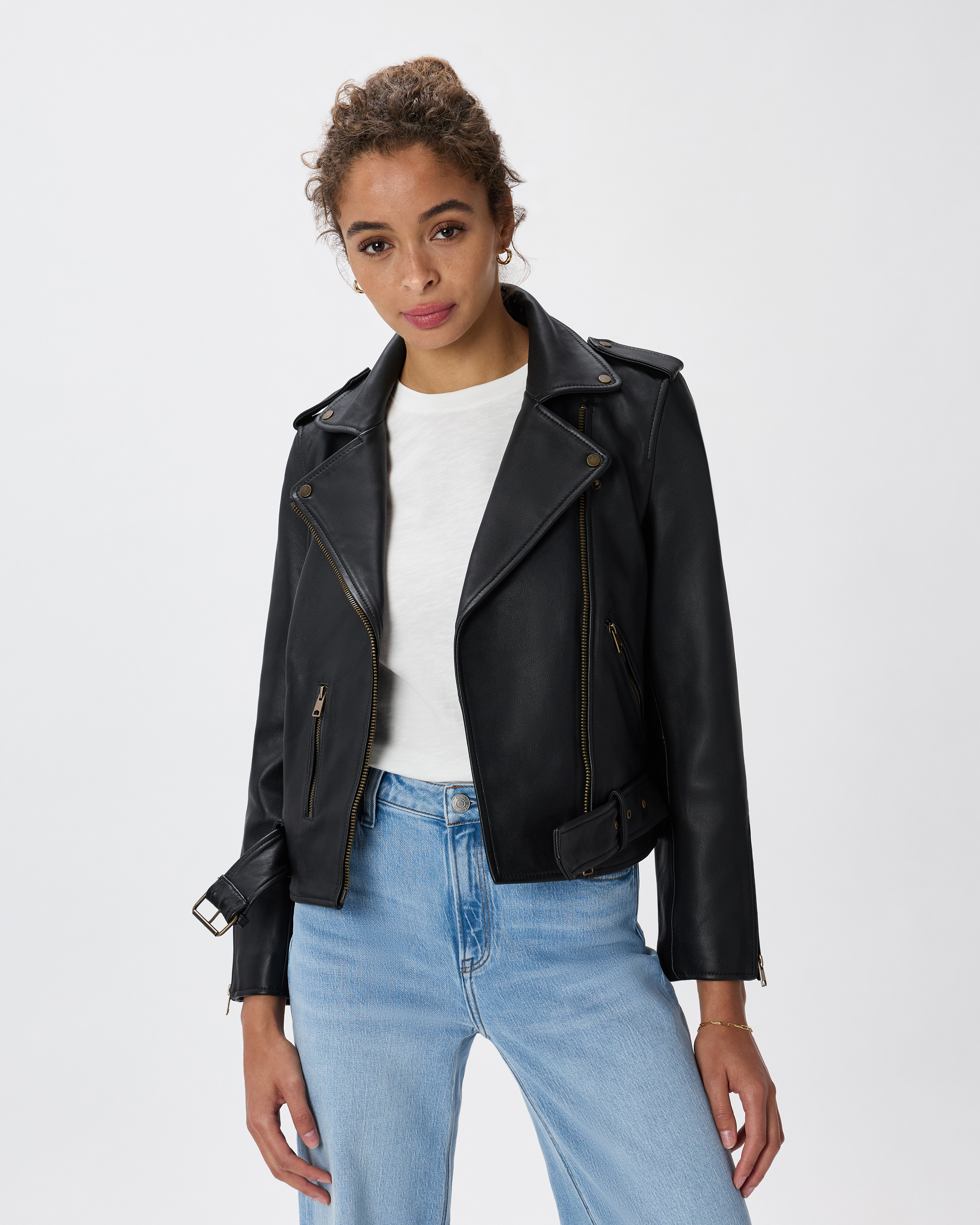 Women's 100% Leather Motorcycle Jacket in True Black/Brass Hardware