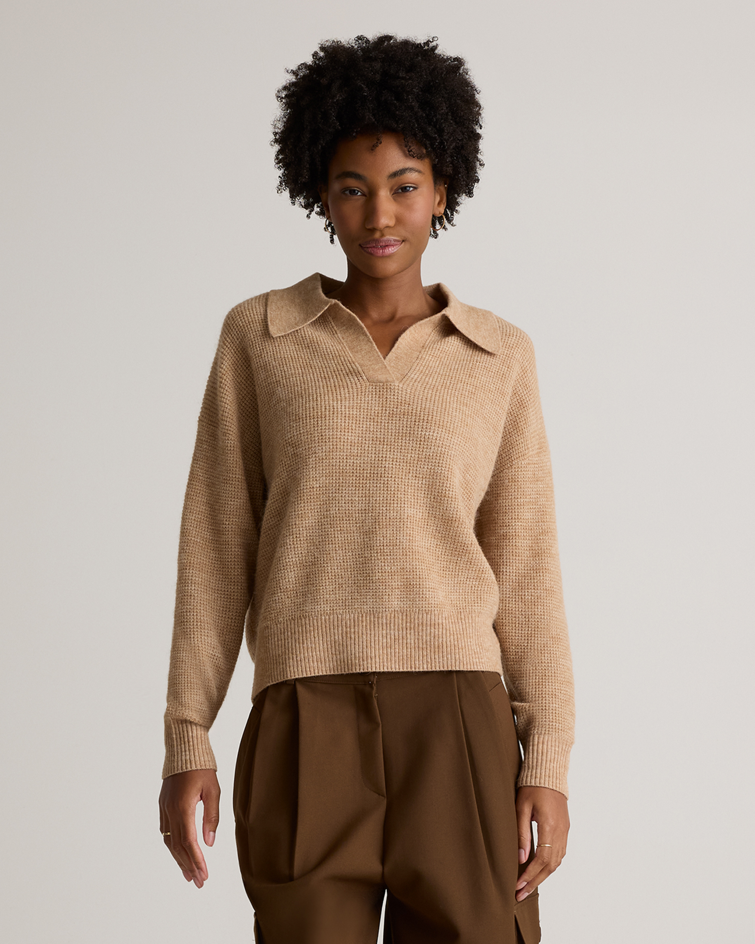 Baby Alpaca-Wool Waffle Stitch Polo Sweater