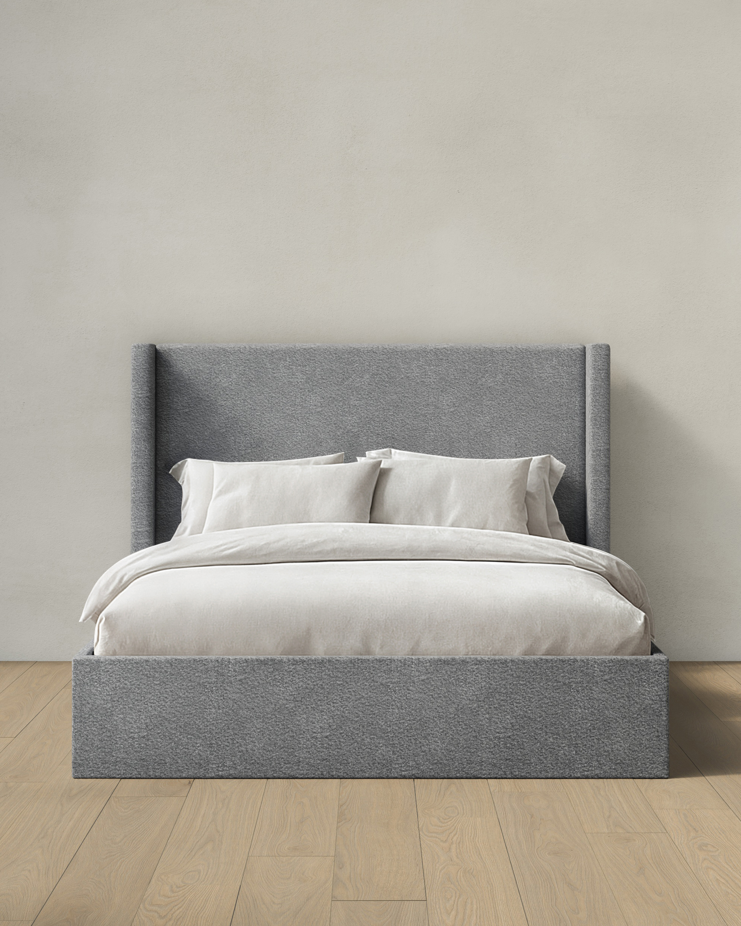 Plush Boucle Wingback Bed - High Headboard in Grey