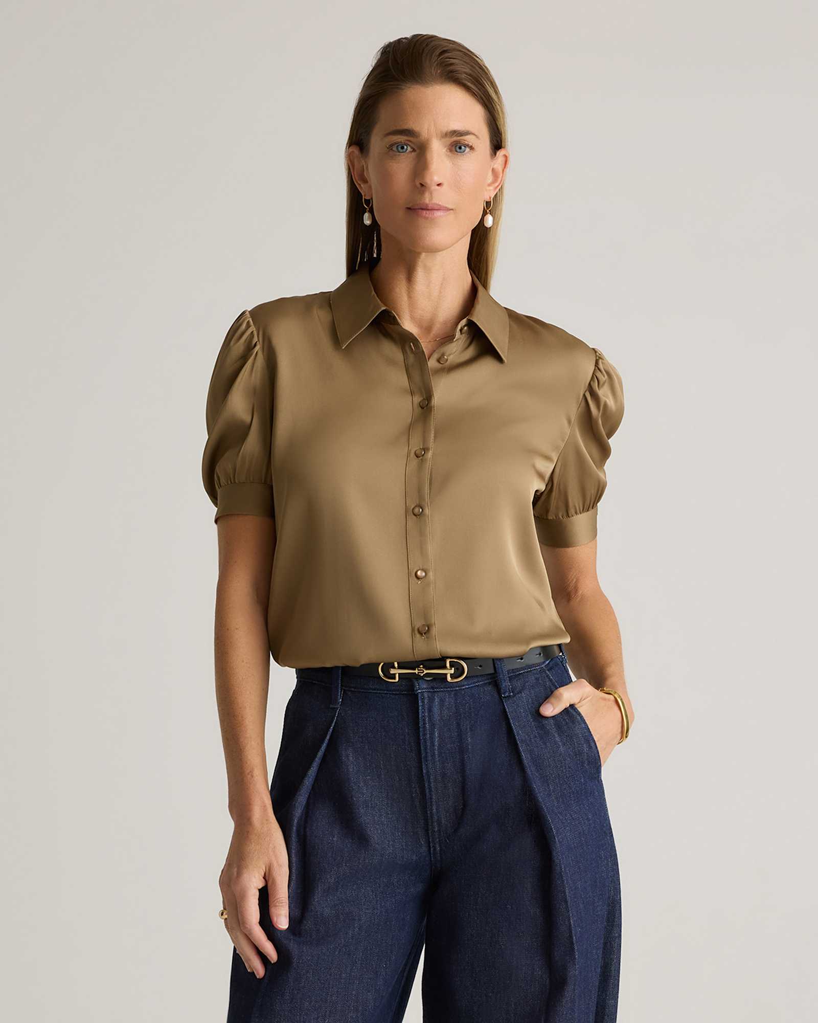 Washable Stretch Silk Puff Sleeve Blouse