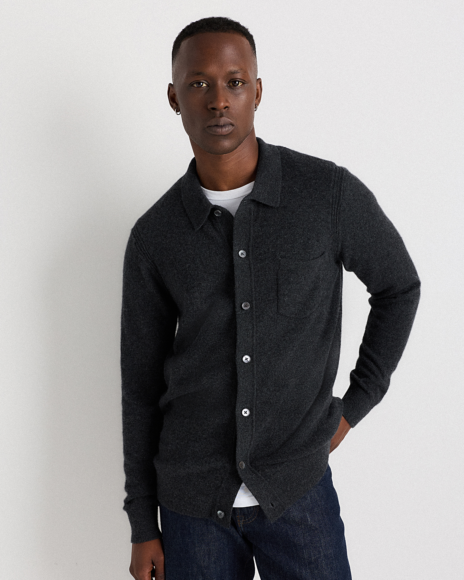 Mongolian Cashmere Button Down Sweater in Charcoal